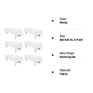 6 Pack White Tablecloths for 8 Foot Rectangle Tables 60 x 126 Inch - 8ft Rectangular Bulk Linen Polyester Fabric Washable Long Table Clothes for Wedding Reception Banquet Party Buffet Restaurant