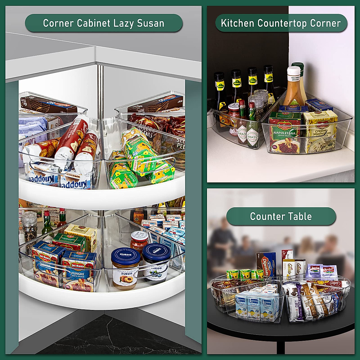 JEISSLIA Lazy Susan Cabinet Organizer Bins for 26"/ 28"/ 32" Diameter Corner Lazy Susan, Plastic Cabinet Storage Bin, 1/8 Wedge-Food Safe, BPA Free, with Non-slip Pads (For 26" Lazy Susan, 6 Pack)