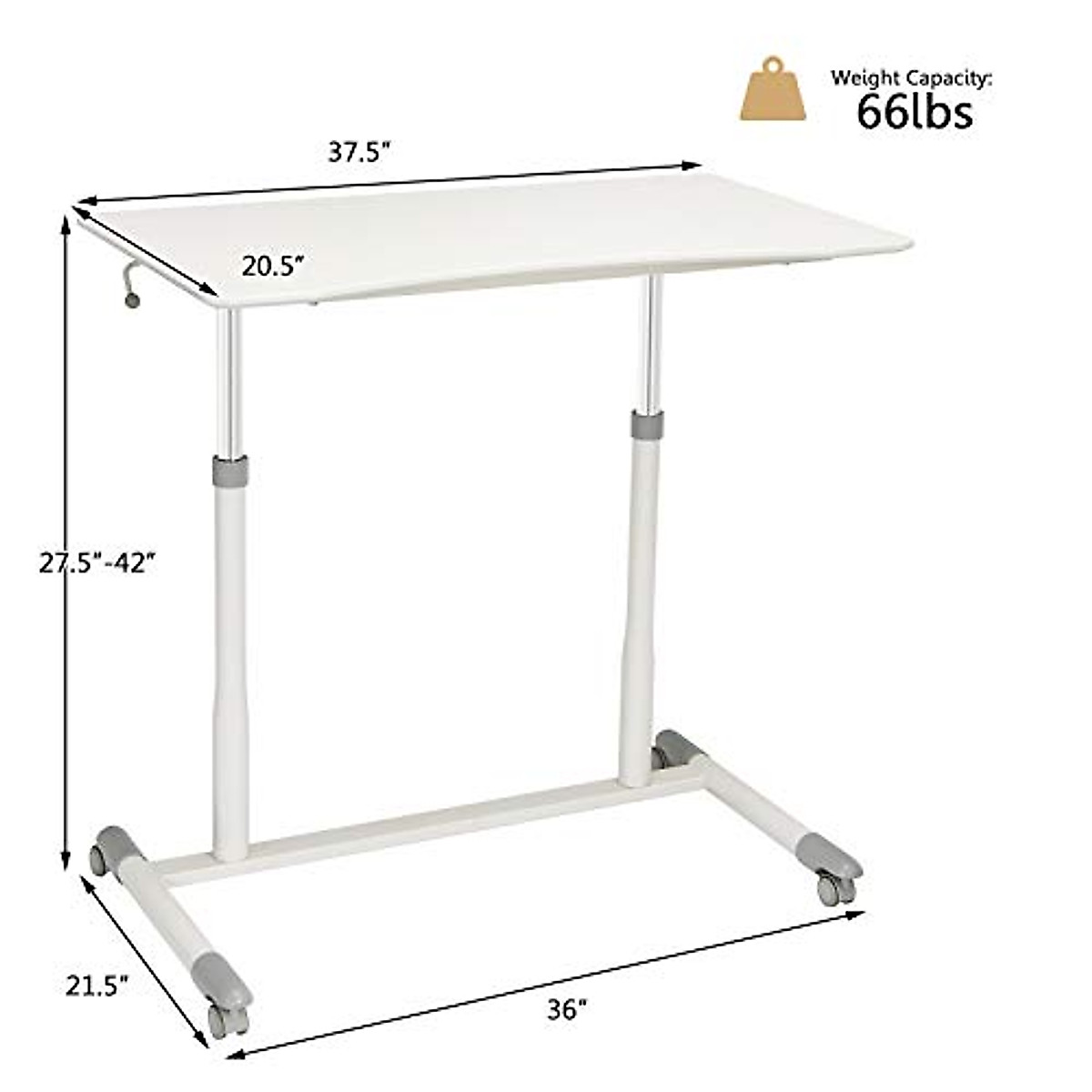 Tangkula Mobile Computer Desk with Steel Frame, Small Height Adjustable Rolling Compact Stand Up Desk on Wheels, MDF PVC Tabletop, Ideal for Home Office, White