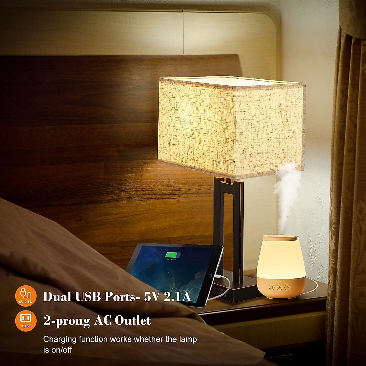 SURAIELEC Table Lamps Set of 2, Touch Control Nightstand Lamp with 2 USB Charging Port & AC Outlet, 3-Way Dimmable Table Lamp for Bedroom, Living Room, Beige Linen Lampshade, LED Bulb Included