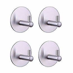 GERZWY Adhesive Hooks Heavy Duty Hooks Wall Hangers Waterproof Stainless Steel Hanger Towel Holder Stcik on Hooks for Hanging, 4 Packs (Brushed Steel)
