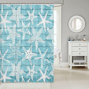 Coastal Sea Creature Shower Curtains,Farmhouse Blue Wooden Stripes Bath Curtain,Starfish Cloth Fabric Bathroom Decor Set with Hooks,78" Long