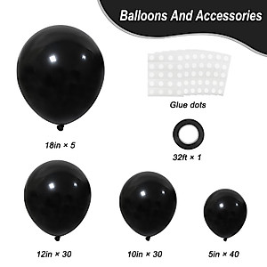 RUBFAC Black Balloons Different Sizes 105pcs 5/10/12/18 Inches for Garland Arch, Premium Party Latex Balloons for Happy New Year Decorations 2024 Birthday Wedding Holiday Balloon Party Decoration