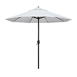 California Umbrella 9' Round Aluminum Market Umbrella, Crank Lift, Auto Tilt, Bronze Pole, White Olefin