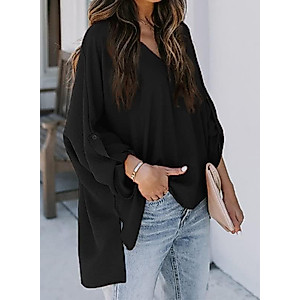 Dokotoo Women Fashion Summer Casual Office V Neck Chiffon Cuffed 3/4 Sleeve Solid Tunic Blouses and Tops for Work T Shirts 2024 Black US 18 20