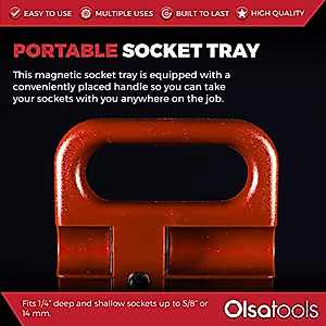 Magnetic Portable Socket Organizer Tray | 1/4-inch Drive | Red | for Deep & Shallow Sockets | Holds sockets up to 5/8" or 14 mm | Professional Quality Tool Organizer | by Olsa Tools