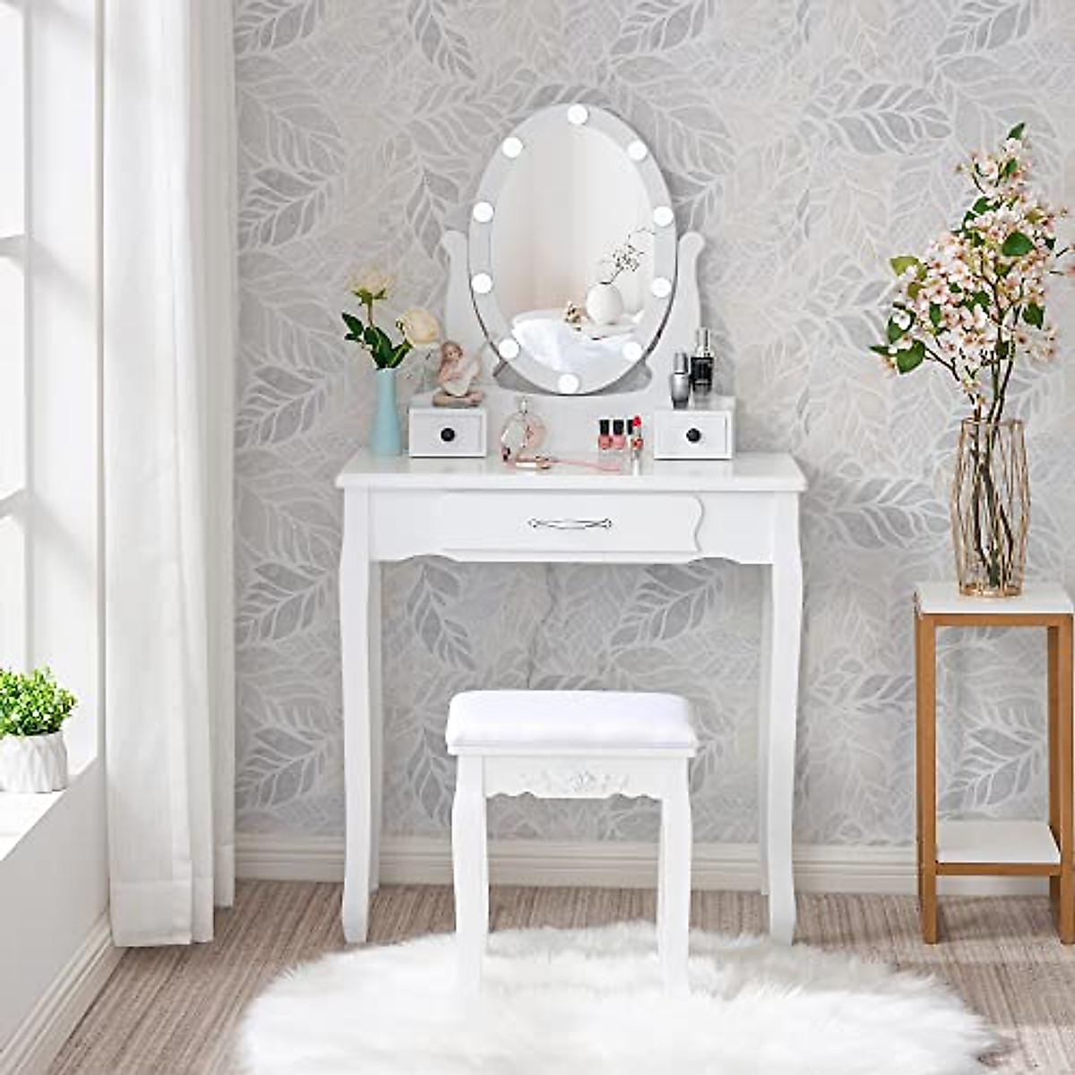 ANWBROAD Makeup Vanity Desk Vanity Set with LED Lighted Mirror Makeup Table Set 10 LED Dimmable Bulbs Cushioned Stool 3 Drawers 3 Dividers for Bedroom Makeup Jewellery Storage Set White UBDT12W