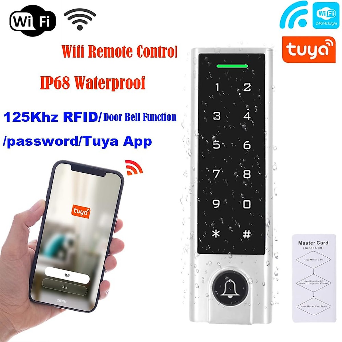 2.4G WiFi Access Control,125Khz EM Card Door Lock, Access Controler, IP67 Waterproof,Access Control System Kit,Touch Keypad Smart Lock Opener,1000 User,Tuya Mobile APP Remote Open (Door Bell Version)