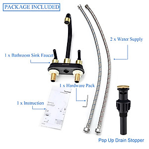 Zexzen 2 Handle Bathroom Faucet Black and Gold, 4 Inch Centerset Bathroom Sink Faucet with Pop Up Drain, Bathroom Faucet 3 Hole with Two Water Supply Lines (Brushed Gold and Black)