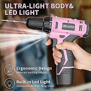 FADAKWALT Cordless Drill Set,12V Power Drill Set with Battery and Charger, compact Driver/Drill Bits, 3/8'' Keyless Chuck,21+1 Torque Setting, 180 inch-lbs, with LED Electric Drill Set（pale Pink）