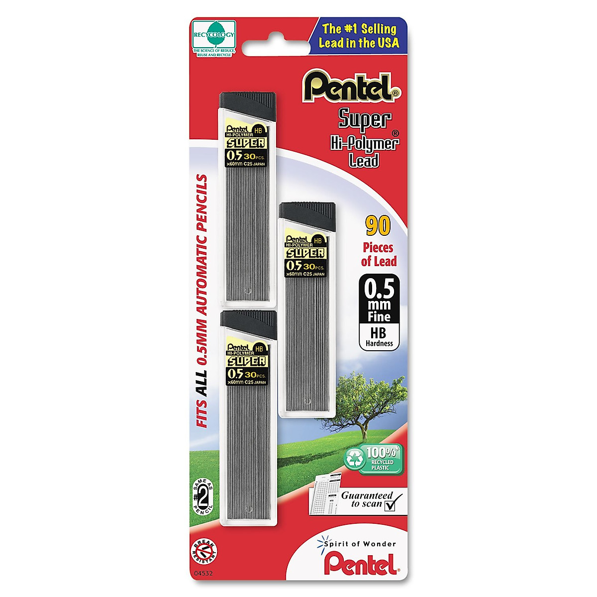 Pentel® Super Hi-Polymer® Leads, 0.5 mm, HB, 30 Leads Per Tube, Pack Of 3 Tubes