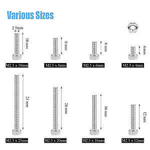 DYWISHKEY 360 Pieces M2.5 x 4mm/6mm/8mm/10mm/12mm/16mm/20mm/25mm, Stainless Steel 304 Hex Socket Head Cap Bolts Screws Washers Nuts Kit with Hex Wrench