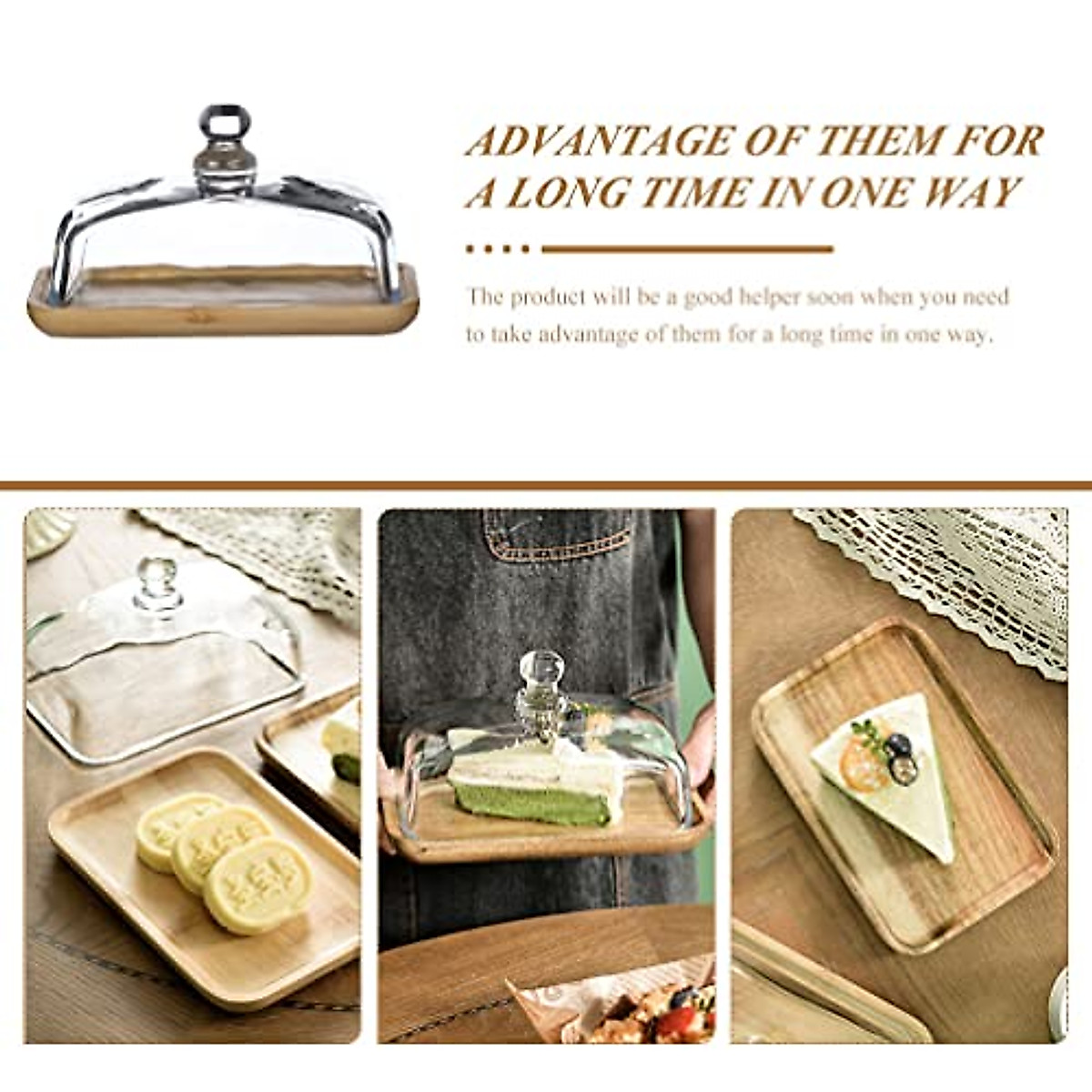 Bamboo Butter Dish with Glass Lid- 18X12X10CM Clear Butter Tray for Refrigerator& Counter for Butter, Block of Cream Cheese& Serving Dish ( Bamboo Tray )