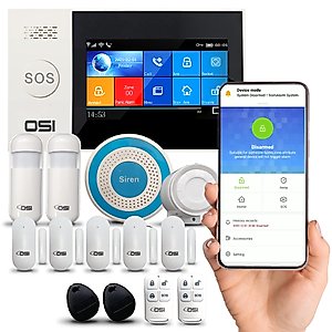 【OSI WIRELESS WIFI SMART HOME SECURITY DIY ALARM SYSTEM-14 PIECE (GEN 1)】DIY Home Wi-Fi Alarm Kit w/Motion detector,Notifications w/app,door/window sensor, siren,Compatible with Alexa,NO Monthly Fees