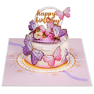 Paper Love Butterfly Birthday Cake, 3D Pop Up Birthday Card, For Adults or Kids - 5"x7" Cover - Includes Envelope and Note Tag