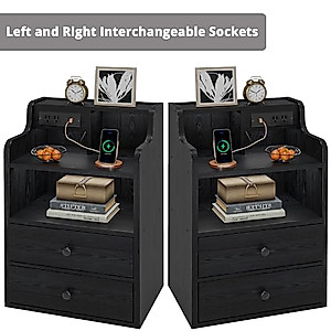 LIKIMIO Black Nightstand with LED Charging Station 2 Drawers and Storage Shelves, Left and Right Interchangeable Sockets Bed Side Table Night Stand with Drawer