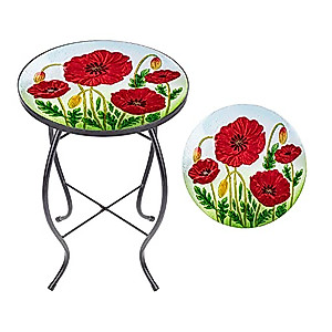 MUMTOP Outdoor Side Table - Small Mosaic Patio Table, Poppy 14” Accent Round Side Table Glass Plant Stand for Garden Patio Living Room