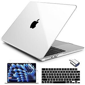 Batianda Compatible with New MacBook Air 15 inch Case 2024 M3 M2 Chip Model A3114/A2941, Hard Shell Case with Screen Protector TPU Keyboard Cover and OTG adapter, Crystal Clear
