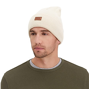 Levi's Unisex Adult All Season Comfy Leather Logo Patch Cuffed Hero Beanie Hat, Cream Solid