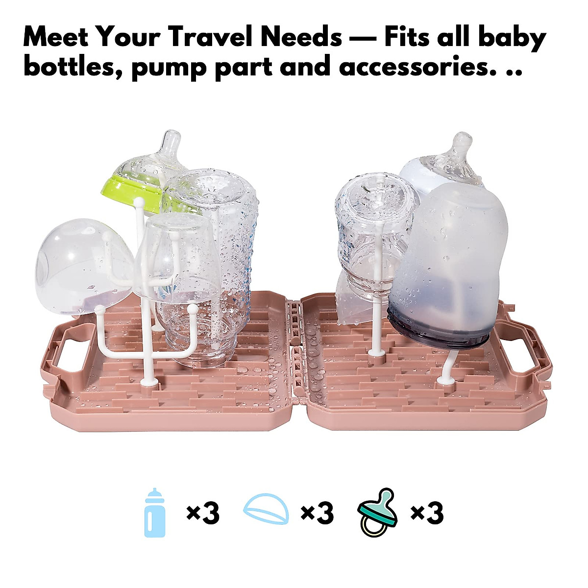 Jumperlay Portable Travel Baby Bottle Drying Rack, Compact Size Drying Rack for Baby Bottles and Accessories, Pump Part, Pacifiers (Pink)