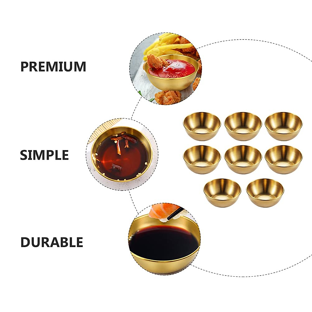 BESTonZON Sauce Dish 8pcs Golden Dipping Bowls, Stainless Steel Dip Soy Sauce Dishes & Bowl, Multipurpose Side Dish for Sauce, Condiments, Sushi, BBQ - Chip and Dip Serving Bowl Set