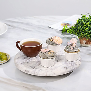 MyGift 11 Inch Natural White Marble with Acacia Wood Base Lazy Susan Serving Tray - 360 Degree Rotating Spice and Condiment Turntable - Handcrafted in India