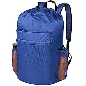 Backpack Laundry Bag with Adjustable Padded Shoulder Straps, Drawstring Closure and Multi Pockets, Durable Laundry Backpack for Laundromat, College, Travel, Camp, Apartment (Blue)