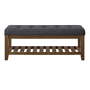 24KF Large Rectangular Upholstered Tufted Linen Fabric Ottoman Bench, Padded Bench with Solid Wood Shelf-Charcoal