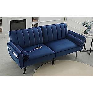 DURASPACE Velvet Loveseat Sleeper Sofa 74" Convertible Futon Couch with USB, Loveseat Coach for Dorm, Apartment, Bonus Room,Compact Living Space (Navy Blue)