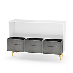 Senviy Kids Bookcase with 3 Fabric Drawers, Toy Storage Cabinet Organizer, Solid Wood Toddler Bookshelf for Boys & Girls, Grey