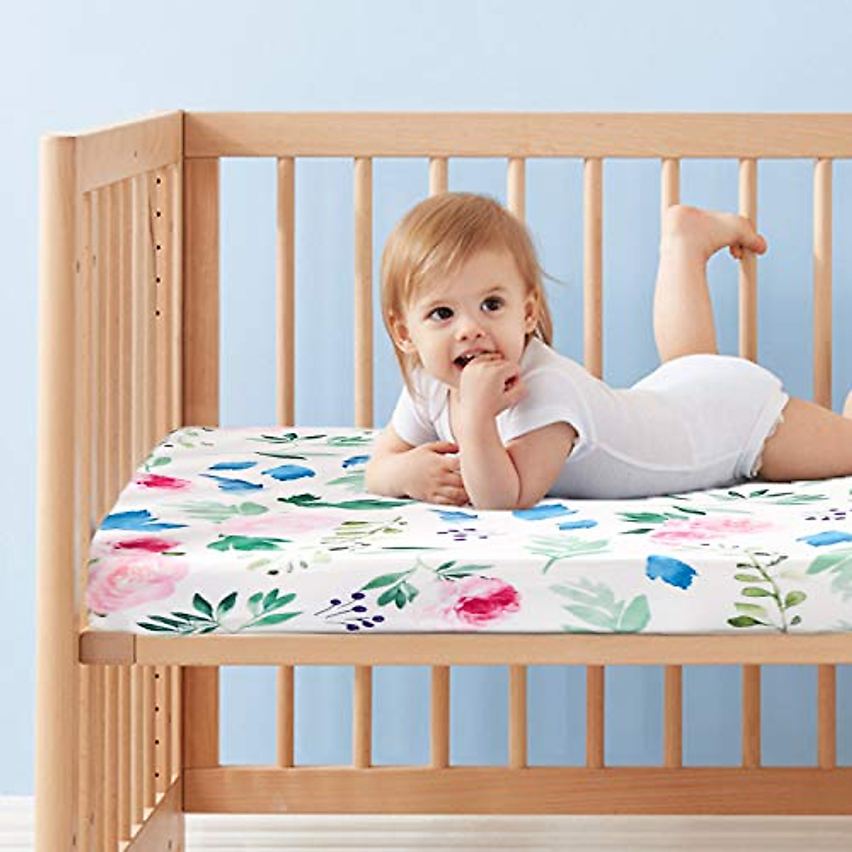 HOMRITAR Crib Sheet for Girls, Super Soft Jersey Knit Crib Sheet with Floral Design Fitted Standard Crib and Toddle Mattresses, 28"x 52"x 9'' Silky Baby Sheet, Bluch Watercolor