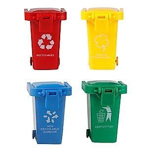 Happyyami 4Pcs Mini Recycling Trash Can Toys, Garbage Trucks Trash Cans, Mini Curbside Vehicle Garbage Bin, Garbage Classification Toys for Pencil Cup Desktop Organizer
