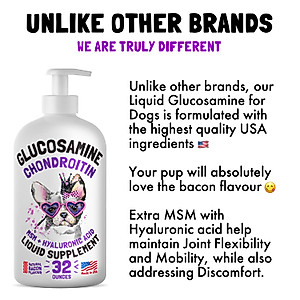 Liquid Glucosamine for Dogs Bacon Flavour Chondroitin, MSM & Hyaluronic Acid K9 Supplement Hip and Joint Formula Advanced Mobility Joint Pain Relief Senior Advanced Supplement for All Breeds 32 oz