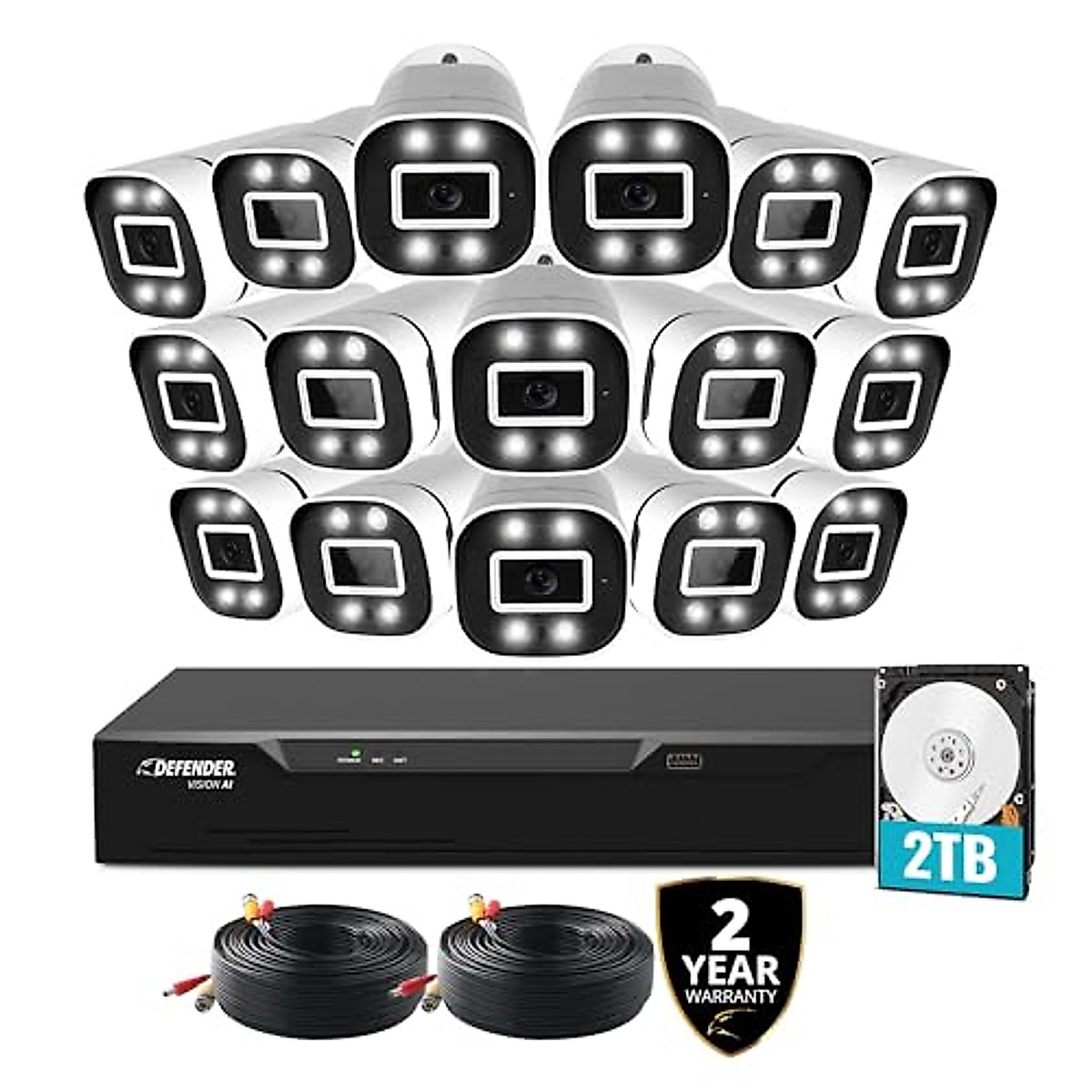 Defender Exclusive Bundle: 4K Vision AI 8MP Artificial Intelligence 16CH Wired System, 16 Cameras, 1TB DVR, 2 Year Warranty, 18 x 60ft. Cables, Human/Vehicle Detection, Color Night Vision, Mobile App