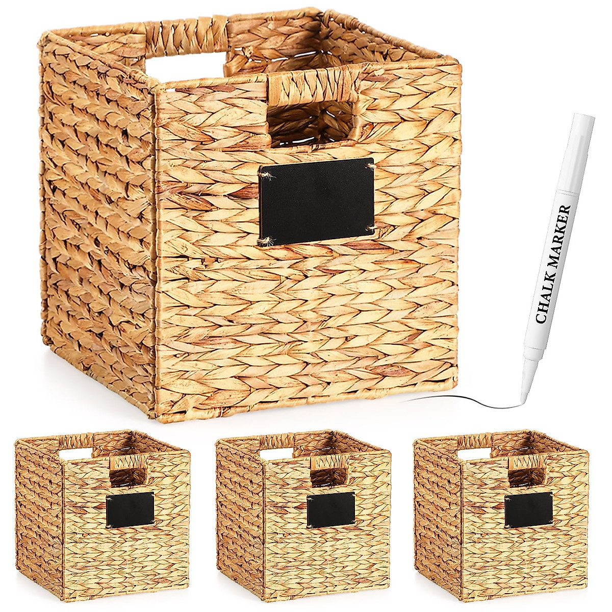 Nitial 4 Pcs Wicker Storage Basket, Rectangular Water Hyacinth Storage Baskets for Shelving, Foldable Woven Pantry Organizer with Chalkboard Label and Chalk Marker(Natural,12 x 12 x 12 Inch)
