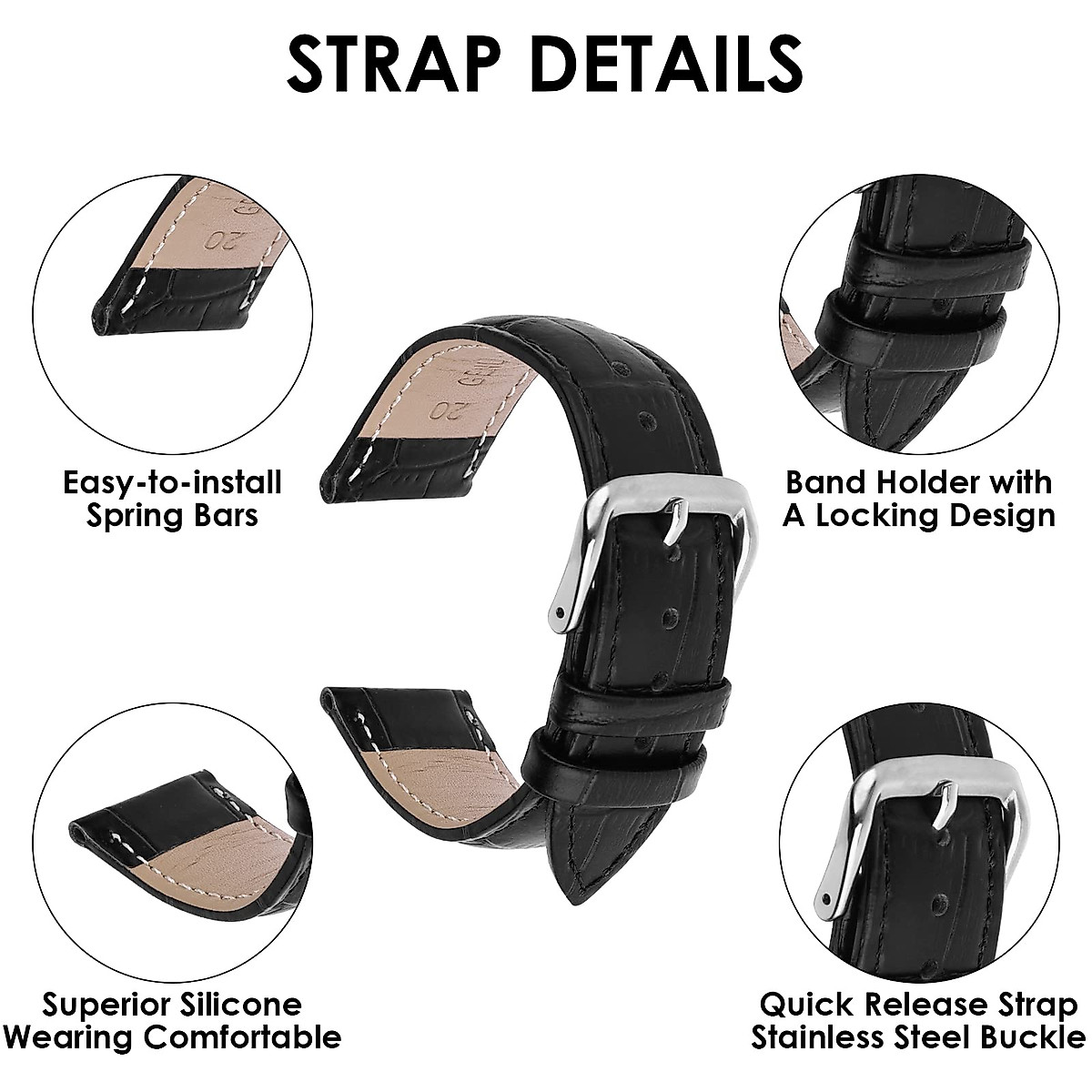 TIESOME Quick Release Leather Watch Band, 18mm 20mm 22mm Leather Watch Strap, Valentine's Day Gifts for Him or Her (22mm, Black)