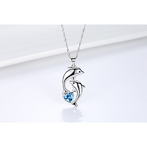Dolphin Necklace 925 Sterling Silver Mothers Day Gifts For Women Necklace Chains (Heart Blue Dolphin Necklace)