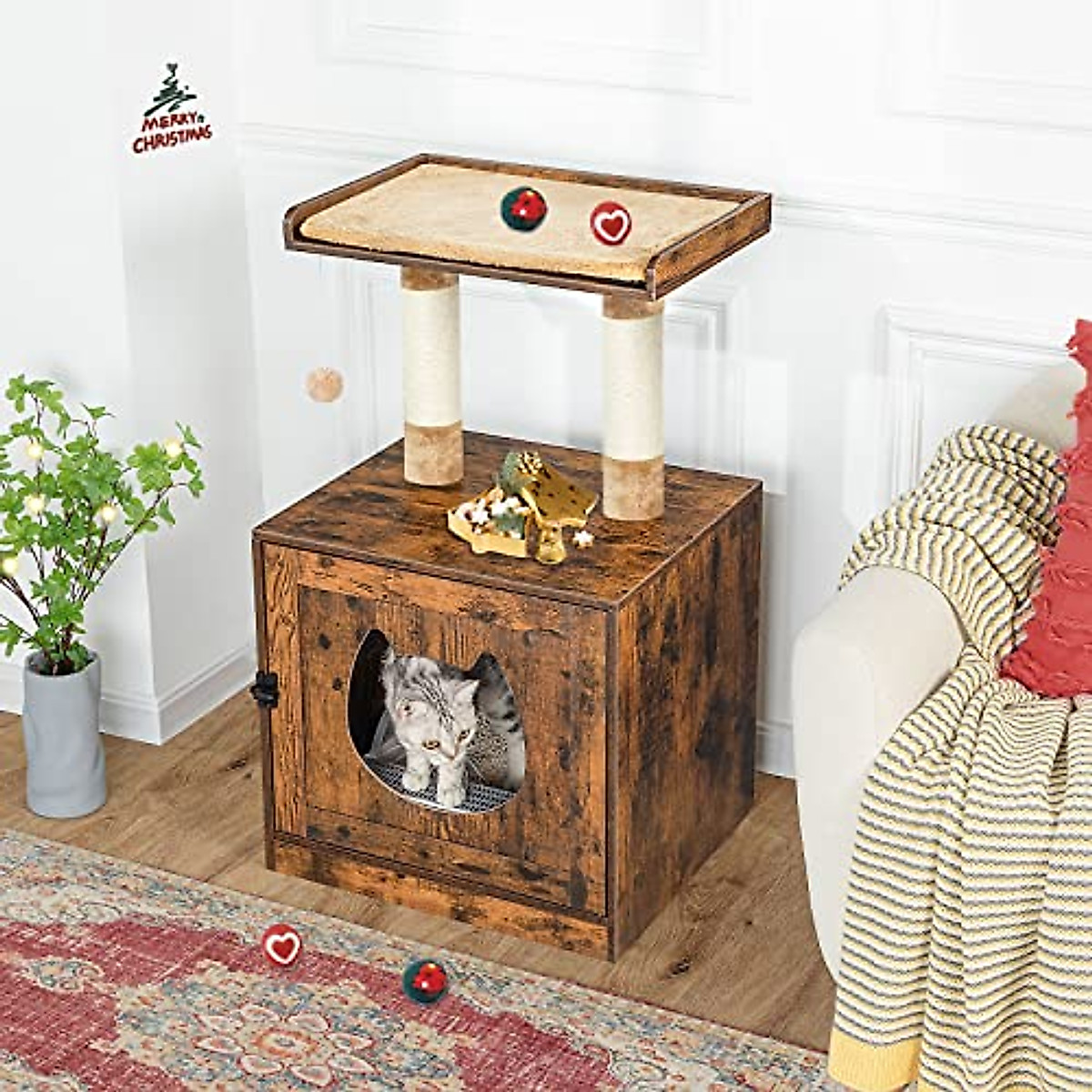 HOOBRO Litter Box Enclosure with Cat Tree Tower, Litter Box Furniture Hidden with Cute Entrance, Private Washroom with Sisal Scratching Posts, Cat Head Door and Large Platform, Rustic Brown BF11MW03