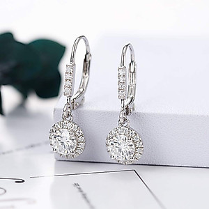 DovEggs 1ct 5mm G-H-I Color Moissanite Halo Leverback Drop Hoop Earring with Accents 14K Gold QUALITY Silver Earrings for Women