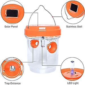 2 Pack Solar Wasp Traps Outdoor, Solar Powered Wasp Cather Hanging with Light, Reusable Bee Trap Catcher Outdoor for Hornets, Yellow Jackets Killer