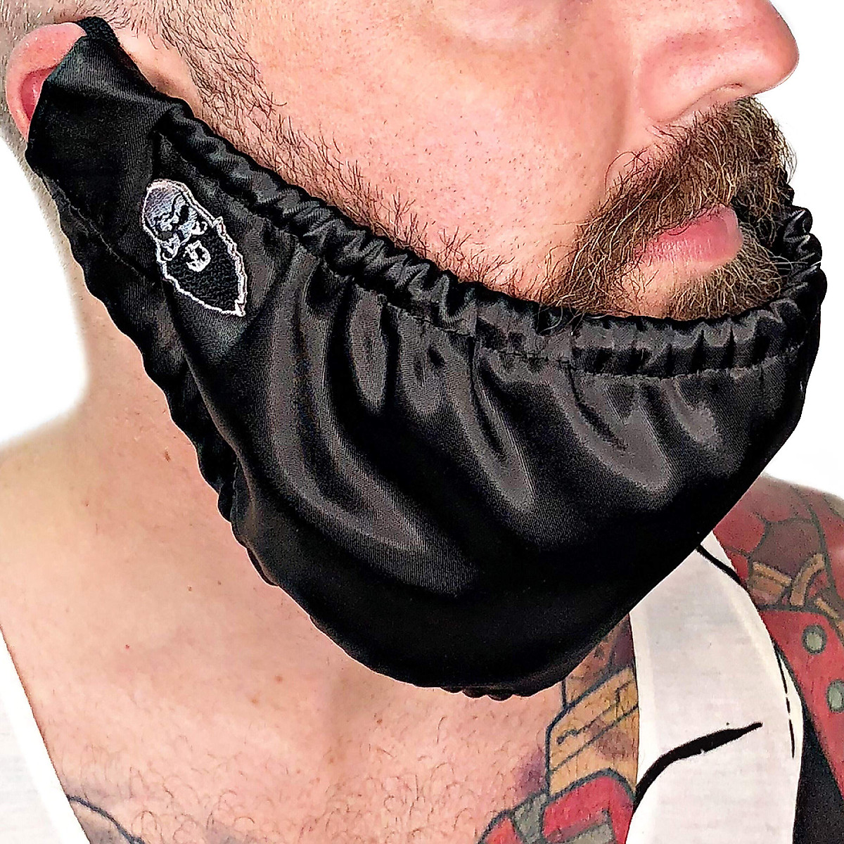 Beard Gains Beard Bandana - Mens Bedtime Bib Made In USA - Adjustable Facial Hair Apron Guard Bonnet Rag (Short String Over Ear)
