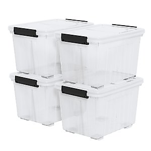 Zopnny 30 Quart Plastic Stacker Box, Large Storage Bin Container with Latching Lids and Wheels for Home and Garage Organizing, Shoes, Tools, Clear Base, 4-Pack