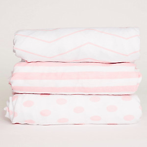 NODNAL CO. 3 Fitted Crib Sheets Pink Set for Baby Girl - 100% Oeko-TEX Cotton Nursery Bedding - Pink/White Chevron, Polka Dot, and Stripe - for Standard Baby or Toddler Crib Mattress 28”x52”x9” Sheet