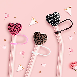 3Pcs Leopard Print Heart Silicone Straw Cover Cap for Stanley 40oz & 30oz Tumbler, 10mm Reusable Cute Drinking Straw Topper Accessories