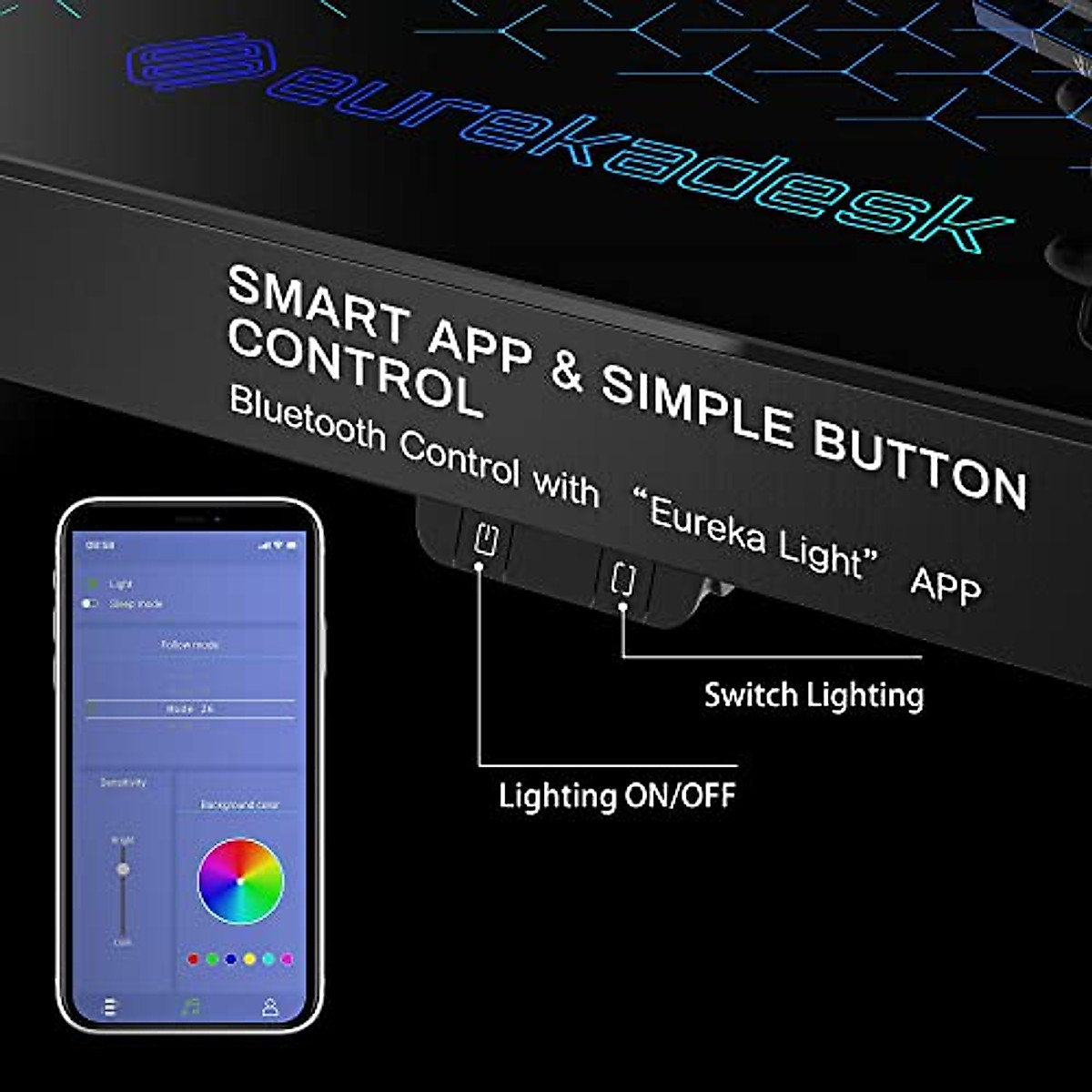 EUREKA ERGONOMIC RGB LED Gaming Desk, Music Sync Lights Up Tempered Glass Desktop, 55" GTG I55 Computer Table W Controller Rack 4 USB Charging Ports School Student Gift for Home Office, APP Control