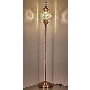 DEMMEX Turkish Moroccan Mosaic Boho Bohemian Colorful Mosaic Glass Accent Mood Floor Lamp, Single XL 10" Globe, Antique Brass Color Metal Body, 5.5ft Height, Handmade, Worldwide Use (Amber - Brown)