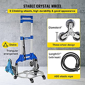 VEVOR Stair Climbing Cart, 15.4" x 10.6" Folding Hand Truck, 176 LBS Weight Capacity Aluminum Alloy Hand Cart with 10 Crystal Castors Suitable for Carry Luggage, Shopping Groceries, Transport Goods