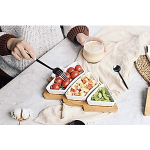 White Christmas Tree Plates Chip & Dip Set, 11 Inches Christmas Ceramic Snack Plate with Bamboo Tray, Removable Porcelain Tree Appetizer Dessert Fruit Salad Saucers Bowl, Cutlery Platter Serving Dish