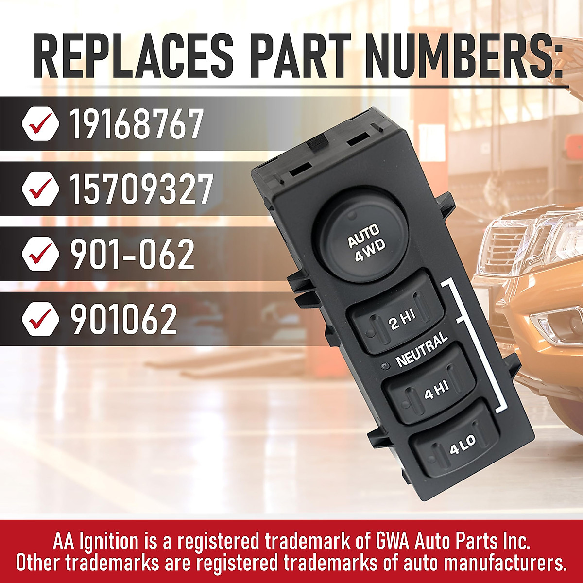 4WD 4x4 Switch - Replaces 19168767, 15709327, 901062 - Compatible with Chevy, GMC, Cadillac Vehicles - Silverado 1500, 2500HD Suburban, Avalanche, Sierra, Yukon - 1999-2002 - 4 Wheel Drive Selector