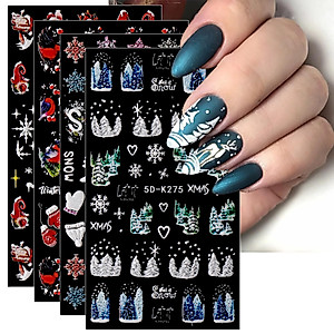 JMEOWIO 3D Embossed Christmas Nail Art Stickers Decals Self-Adhesive Pegatinas Uñas 5D Xmas White Snowflake Winter Holiday Nail Supplies Nail Art Design Decoration Accessories 4 Sheets